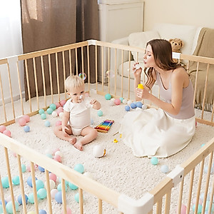 Wooden Baby Gate & Baby Playpen Play Yards for Babies and Toddlers, Large Baby Fence with Locking Gate Activity Center, Toddler Fence Play Area Indoor(79 * 71 * 24inch)