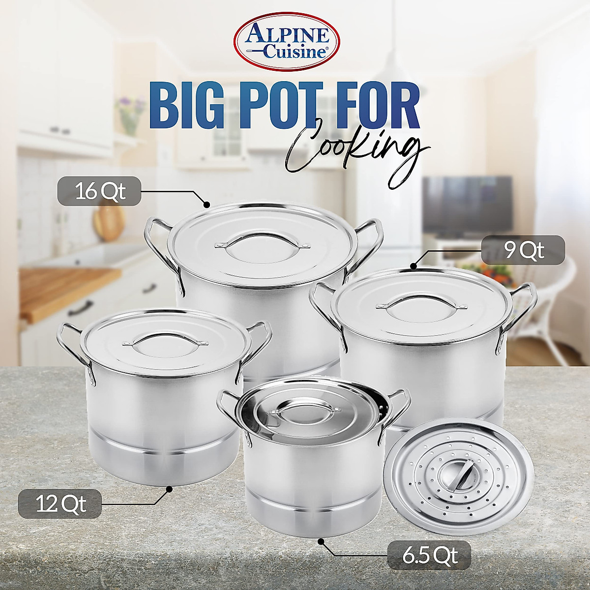 Alpine Cuisine 12 Piece Stainless Steel Stock Pot Steamer Set 6.5/9.5/12/16 Quart