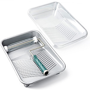 Mister Rui Paint Tray 9 Inch, Paint Tray Liners 10pcs, Paint Roller Tray, Disposable Paint Tray Liners, with 5 Wire Cage Roller Frame, for 9 Inch Paint Rollers, Silver Plastic Paint Tray Large