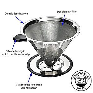 Stainless Steel Pour Over Coffee Cone Dripper with Cup Stand - Paperless and Reusable - Ultra Fine Micro Mesh Filter - BONUS: Coffee Scooping Spoon + Cleaning Brush - [1-4 Cup]