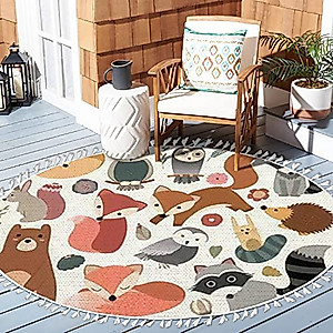 DNEWYNPABV Round Rugs Woodland Animals Cute Forest Design Elements Boho Area Rug Linen and Cotton Carpet Meditation Rug Washable Hallway Runner Mat Accent Rug for Bedroom Bathroom 3ft