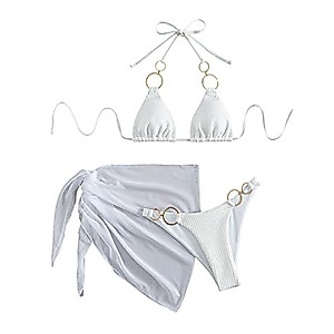 WDIRARA Women's Ring Halter Triangle Bikini Swimsuit 3 Piece Tie Back with Cover Up Bathing Suit White XXL