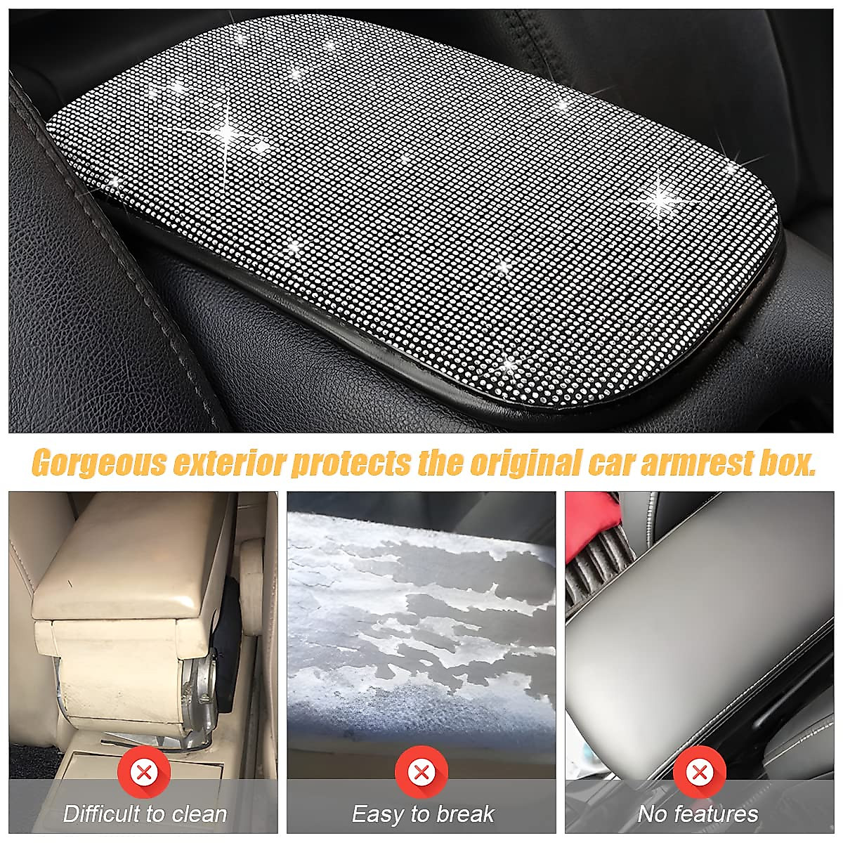 Bling Center Console Cover, Diamond Fashion ArmRest Pad, Crystal Soft Arm Rest Protective Cushion, Car Accessories for Women Girls, 11.8"×8.5" for Most of Vehicles, SUVs, Trucks (Black&White)