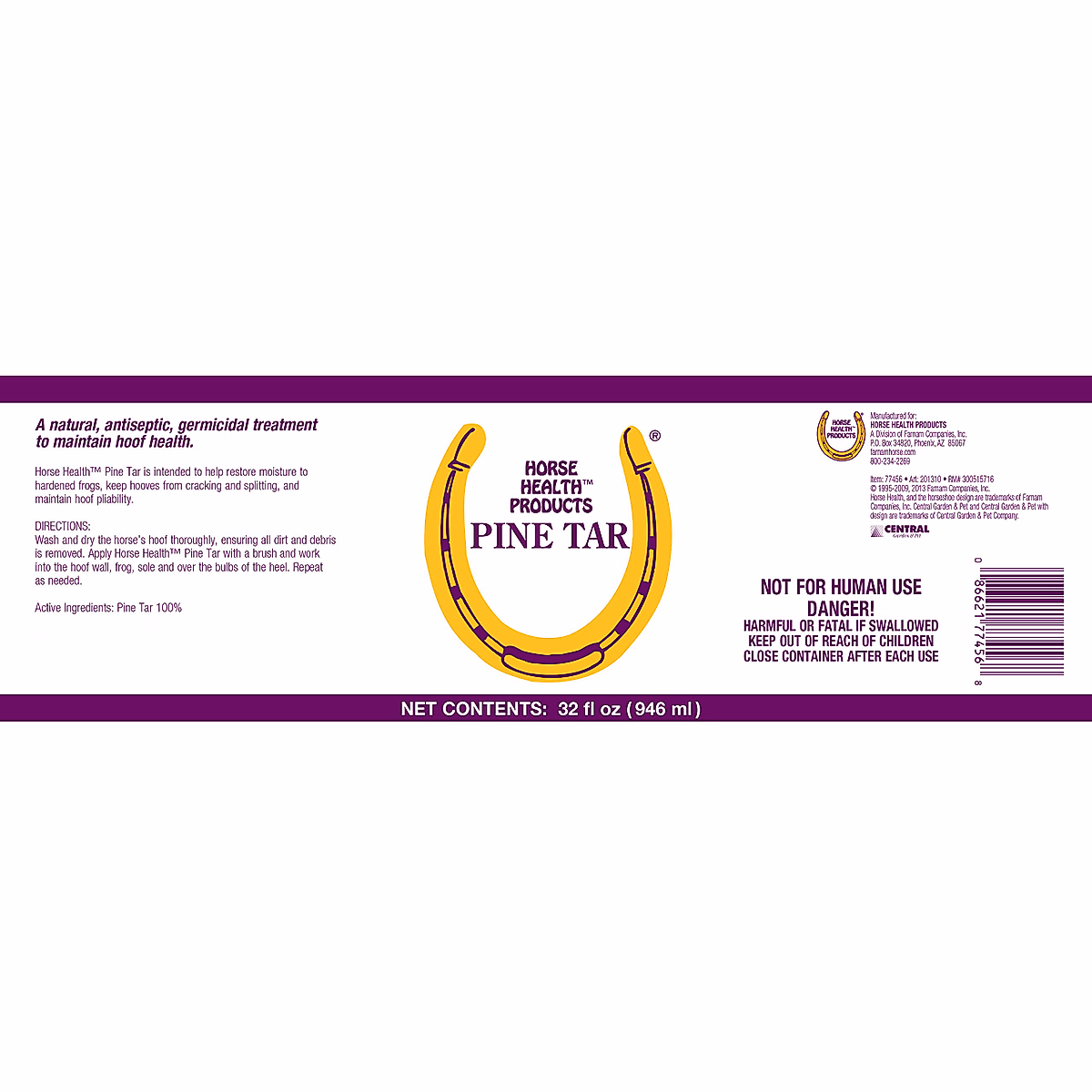 Horse Health Pine Tar, Natural Topical Antiseptic for Use on Horse Hooves, Helps Retain Moisture, Helps Keep Hooves from Cracking and Splitting, 32 Fluid Ounces