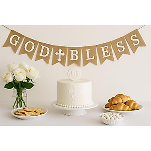 Shimmer Anna Shine Burlap God Bless Banner for Baby Girl Boy Baptism Decorations Christening First Communion Confirmation Baby Shower Wedding Birthday Party Photo Props (White Print)
