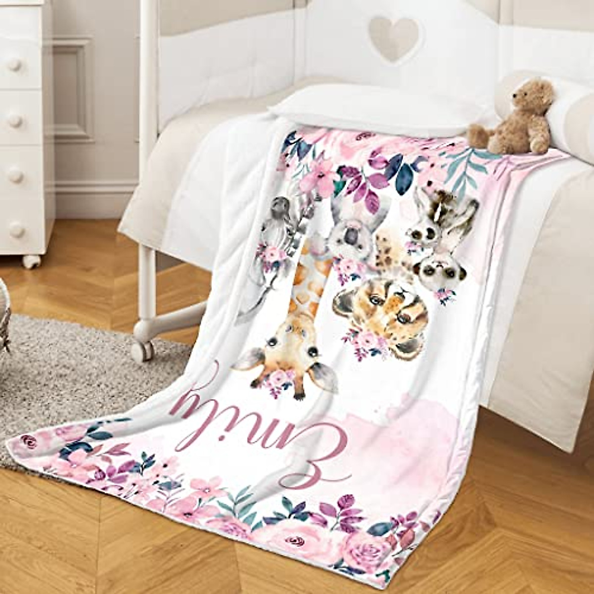 Personalized Baby Blanket for Girls with Name Custom Baby Blanket Throw Customized Name Receiving Swaddle Blanket for Infant Newborn Toddler Kid Name Blanket Soft Fleece Blanket(Woodland Animal)