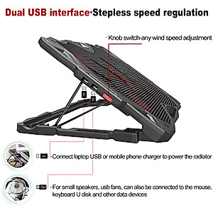Pccooler Laptop Cooling Pad, Laptop Cooler with 5 Quiet Red LED Fans for 12-17.3 Inch Laptop, Dual USB 2.0 Ports, Portable 6 Angle Adjustable Laptop Stand for Gaming Laptop