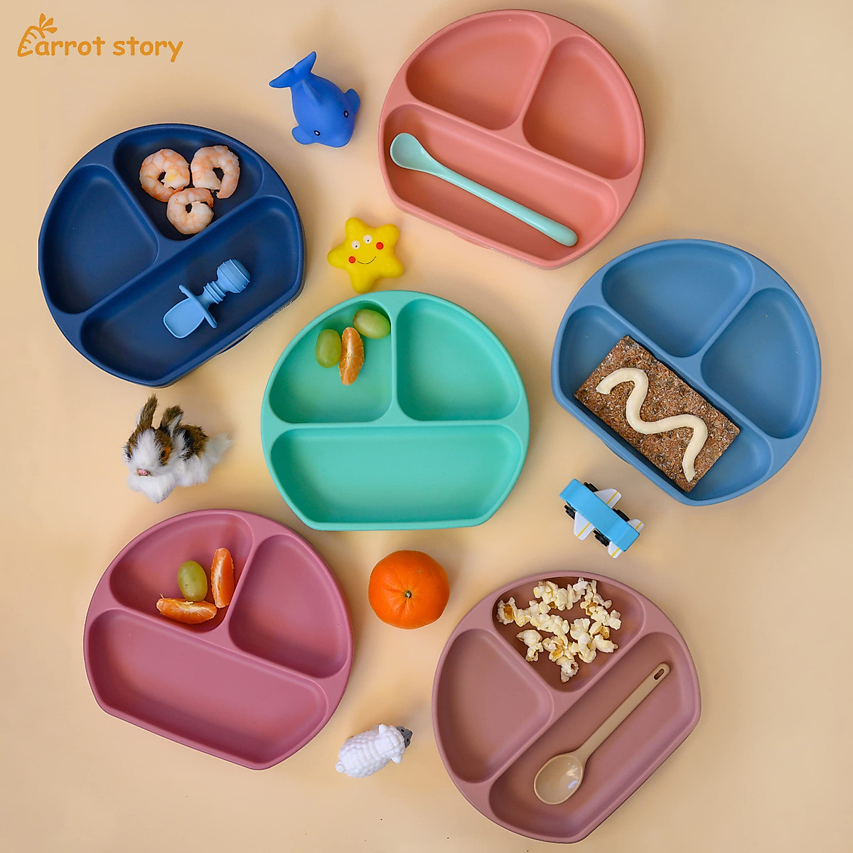 Carrot story 100% Silicone Suction Baby Toddler Plate, 2-Pack, Waterproof Washable Plate, BPA Free, Microwave/Dishwasher Safe (Sweet)