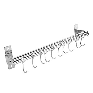 ASkinds Utensil Hanging Rack Stainless Steel Rail Hanger Rod Wall Mounted Pot Pan Lid Holder Cookware Storage Organizer with Sliding Hooks for Kitchen Bathroom