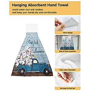 Chucoco Garden Magnolia Flower Blue Truck Kitchen Hanging Towel, Set of 2 Absorbent Soft Hand Tie Towel Watercolor Retro Wood Grain Durable Tea Bar Dish Towels for Bathroom Laundry Room Decor