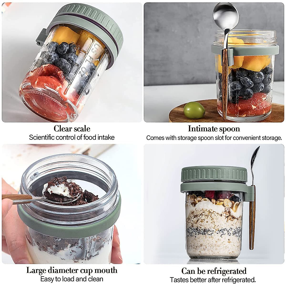 PAIKON Overnight Oats Containers with Lids and Spoons, 4 Pack Mason Jars Oatmeal Container,12 oz Glass Overnight Oats Container, Airtight Jars For Yogurt Milk Pudding Cereal Fruit