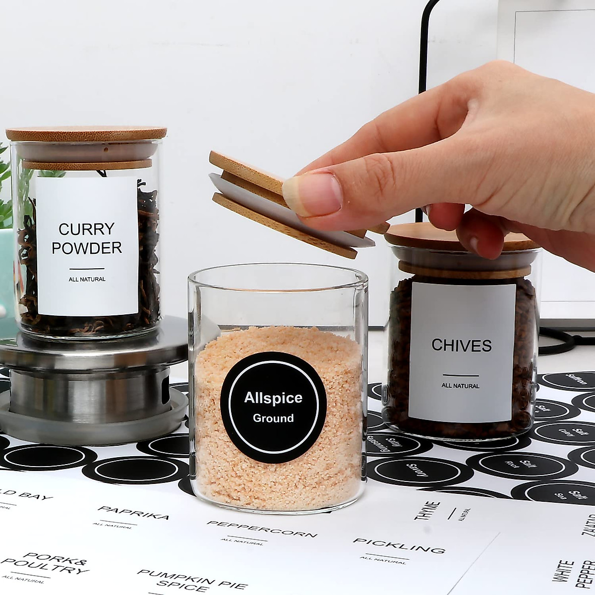 Encheng 4 OZ Glass Spice Jars with Lids Set of 30,Clear Glass Seasoning Container with Labels,100ML Mini Glass Jars with Bamboo Lids for Dry Food,Spice,Herb,Sugar,Salt.