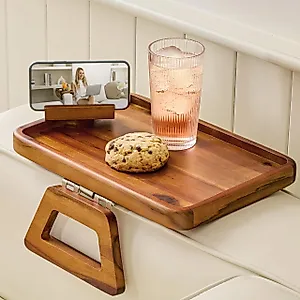 Tinamo Acacia Couch Arm Table with Phone Holder - Wooden Sofa Armrest Tray - Clip-on Tray for Wide Couch - Side Table for Eating & Drink (Acacia)