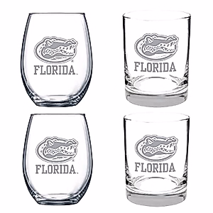RFSJ Florida Gators 4 Piece Satin Etched Glass combo set includes two wines (juice) and two rocks (beverage) glasses
