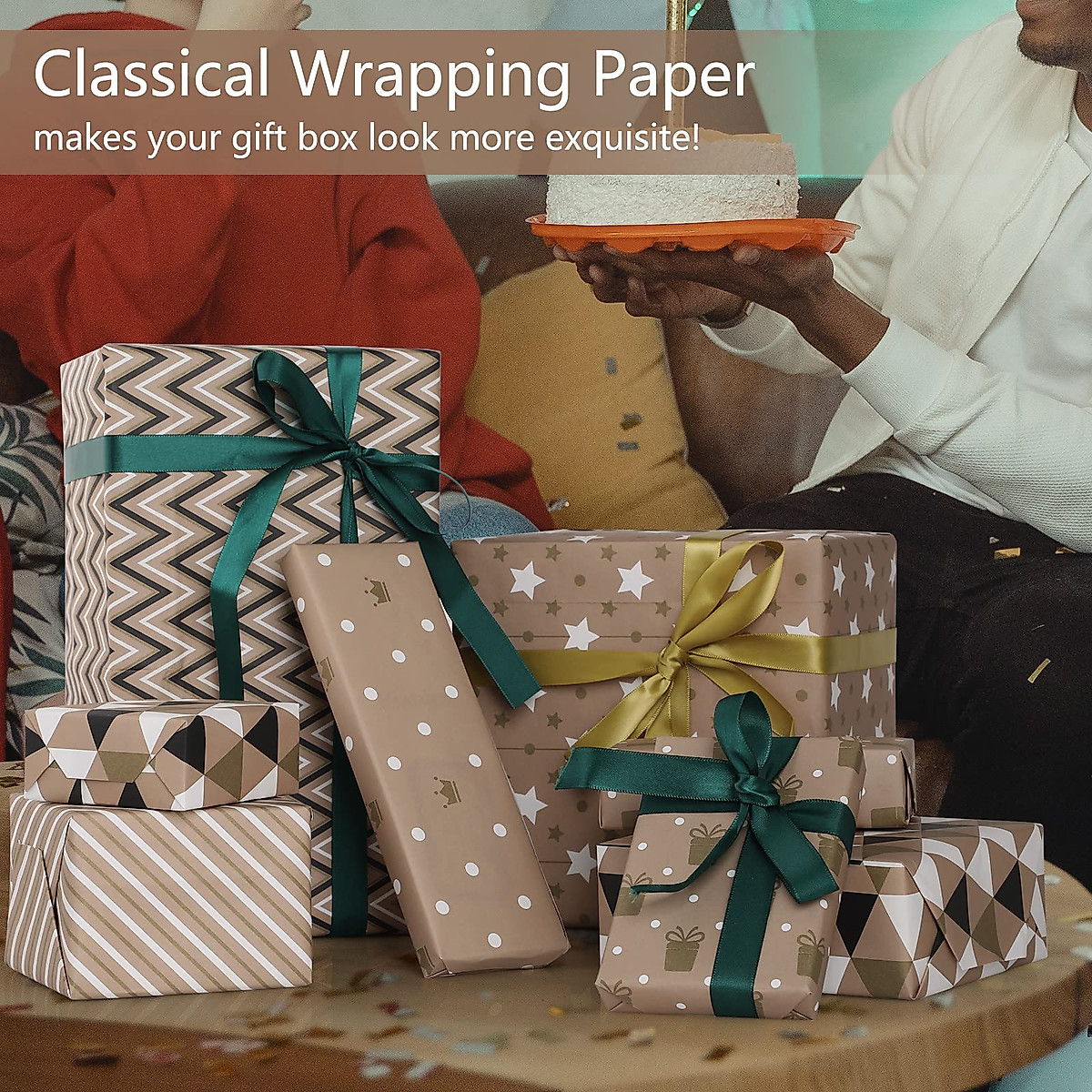 Hianjoo 6 Sheets Gift Wrapping Paper, 20x28 inch Recyclable Kraft Gift Wrapping Paper and 1 Sticker and 4 Ribbon for Birthday, Valentines, Christmas, Graduation, Baby Shower, Easter, DIY Craft