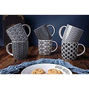 MACHUMA Set of 6 11.5 oz Coffee Mugs with Black and White Geometric Patterns, Ceramic Tea Cup Set
