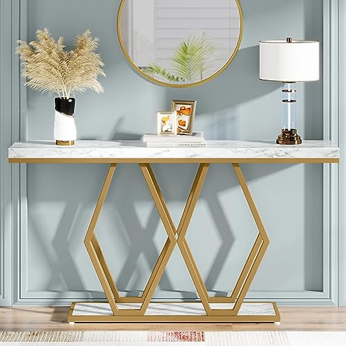 Tribesigns Console Table for Entryway Living Room, 55 Inch Gold Entryway Table Modern Accent Table for Hallway Entrance Foyer (Gold White)