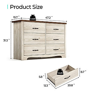 LINSY HOME 6 Drawer Dresser for Bedroom, Modern Double Dresser Organizer, Black Wood Dresser Chest of Drawers for Living Room,Entryway and Hallway, Wash White