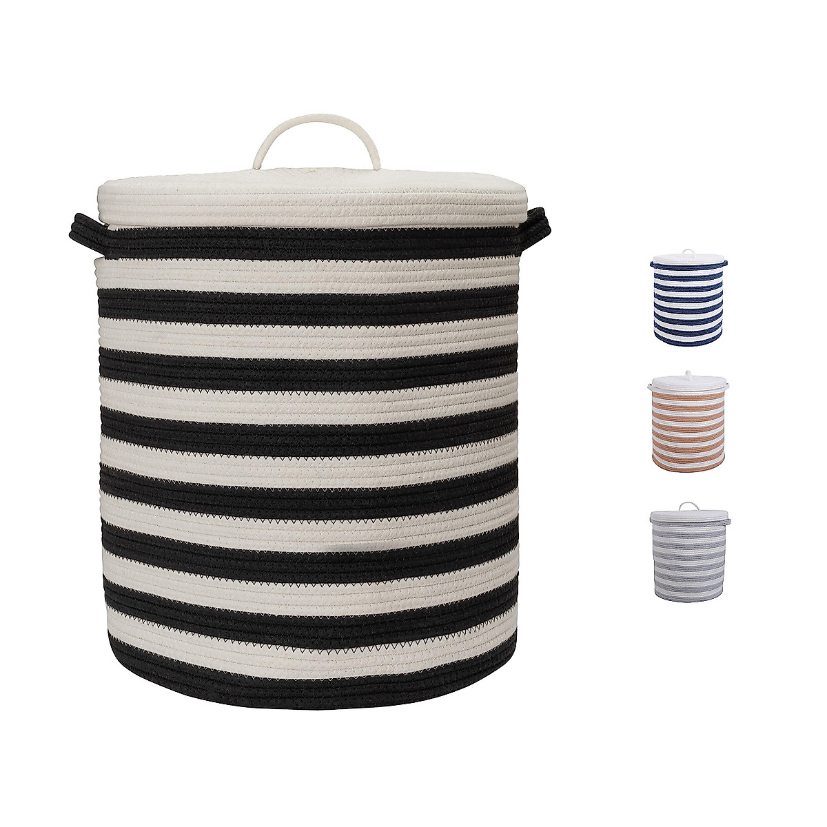 17 x 16in Large Striped Cotton Blanket Basket with Lid - Perfect for Toy Storage, Clothes Hamper, & Laundry Basket, Woven Baskets for Nursery Decor and Baskets for Organizing, Black and White