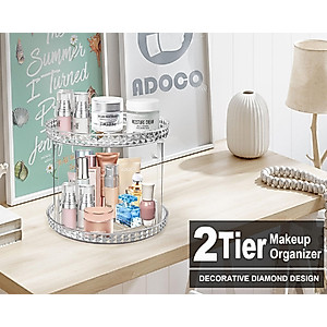 2 Tier Diamond Lazy Susan Bathroom Organizer Countertop, Clear 360 Rotating Cosmetic Makeup Organizer for Vanity, Skincare Organizers Perfume Organizer for Counter - Organization and Storage -9.25INCH