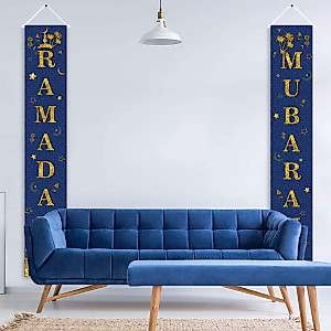 HONGFENG Ramadan Mubarak Porch Sign,Eid Mubarak Banner Indoor Outdoor Front Door Hanging Sign for Ramadan Mubarak Party Decoration (Purple)