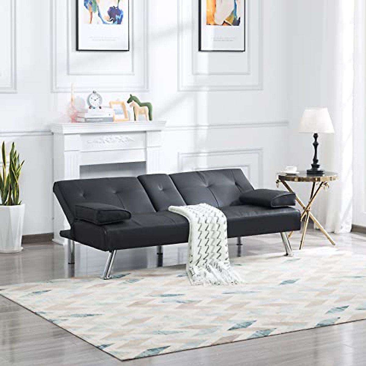 FULife Tufted Upholstered Futon Sofa Convertible Sleeper Couch Bed Daybed Loveseat,Folding Recliner with 2 Cup Holders,Removable Soft Pillow-Top Armrest,3 Angles for Living Room Small Place