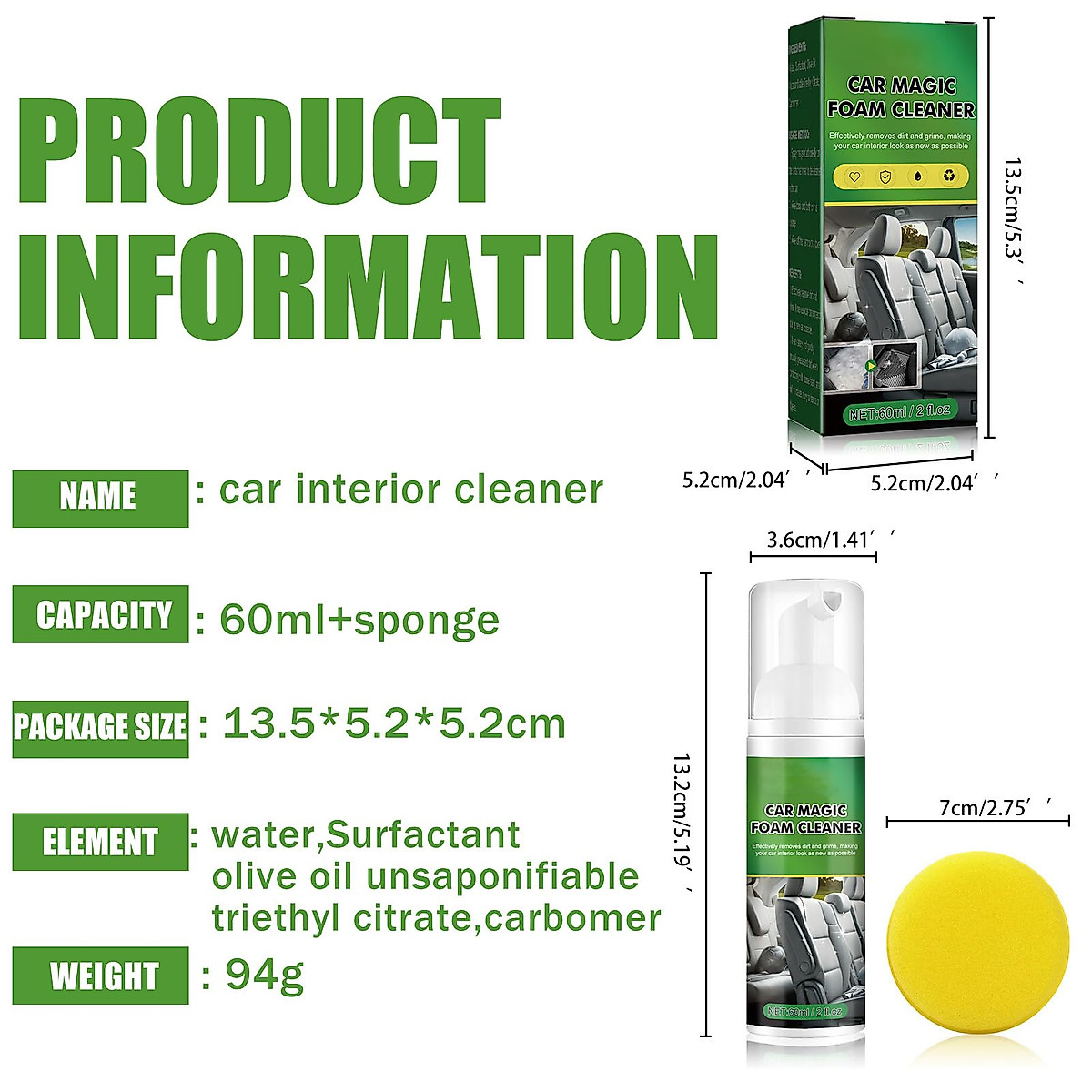 Ganbaro Car Magic Foam Cleaner, Powerful Upholstery and Car Seat Stain Remover, Multipurpose Foam Cleaner for Car Detailing - 60ml with Cleaning Sponge