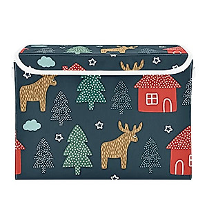 Forest Design for Winter Holidays Large Foldable Storage Boxes with Lid, Fabric Collapsible Storage Bin Closet Organizer, Storage Box with Handles for Clothes Storage, Toys Storage, Room Organization