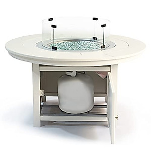 25"(H) x 48"(W) Round Poly FirePit Table in White with Glass Flame-Wind Guard Set