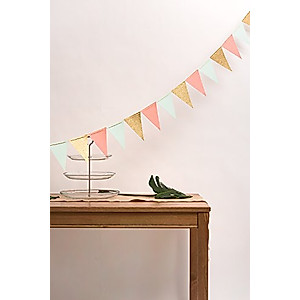 Paper Banner Flags Triangle Banner Flags For Wall Decor, Wedding Garland, Birthday Party, Baby Shower,Gold Glitter+Coral Pink+Mint Green,15 Pcs