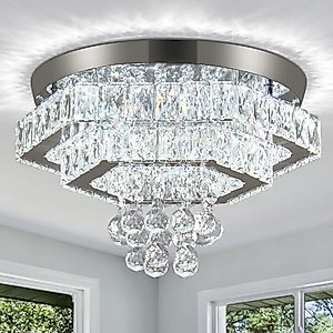 Finktonglan Modern Crystal LED Ceiling Light 2 Layers Flush Mount Fixture Chandeliers Stainless Steel Lamp for Living Room Dining Room Bedroom Hallway