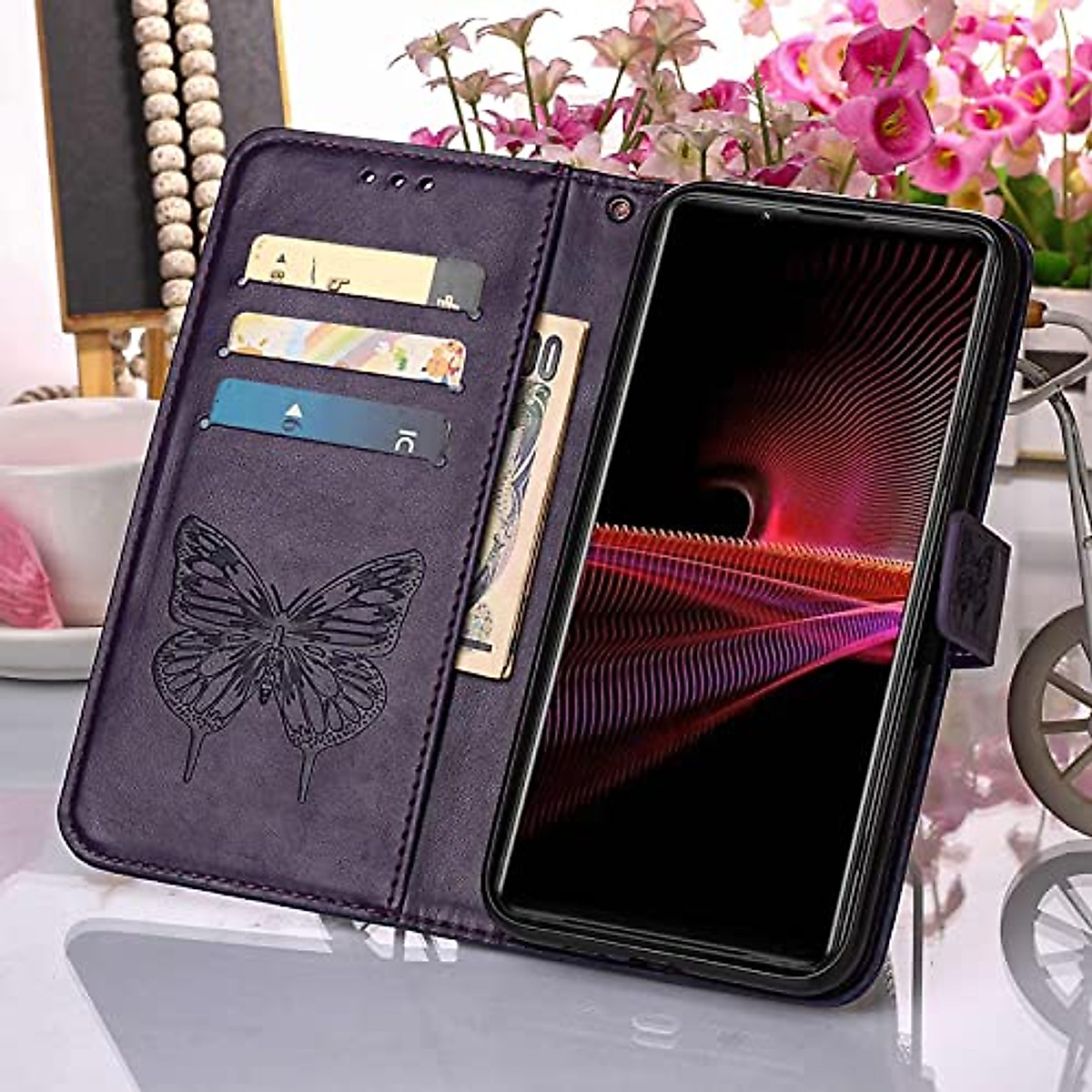 Butterfly Leather Case for Sony Xperia 1 III with Credit Card Holder Slots Kickstand Flip Folio Leather Magnetic Wallet Case with Wirst Strap Case for Sony Xperia 1 III