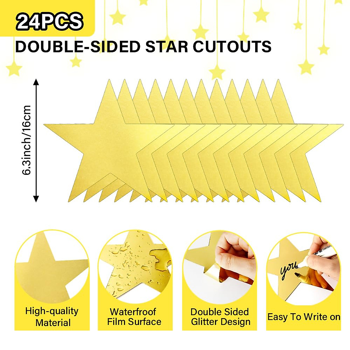 Star Cutouts, 24PCS Gold Star Cutouts, Double Printed Paper Stars, 6 Inch Cardboard Star Cutouts, Glitter Stars Decorations for Christmas Wedding Movie Night Classroom Wall Party Supplies