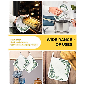 2Pack Pot Holders Cotton Heat Resistant Oven Hot Pads, Plant Potholder Machine Washable Cloth Potholders for Daily Kitchen Baking and Cooking with Hanging Loops - Green Fresh Eucalyptus Leaves