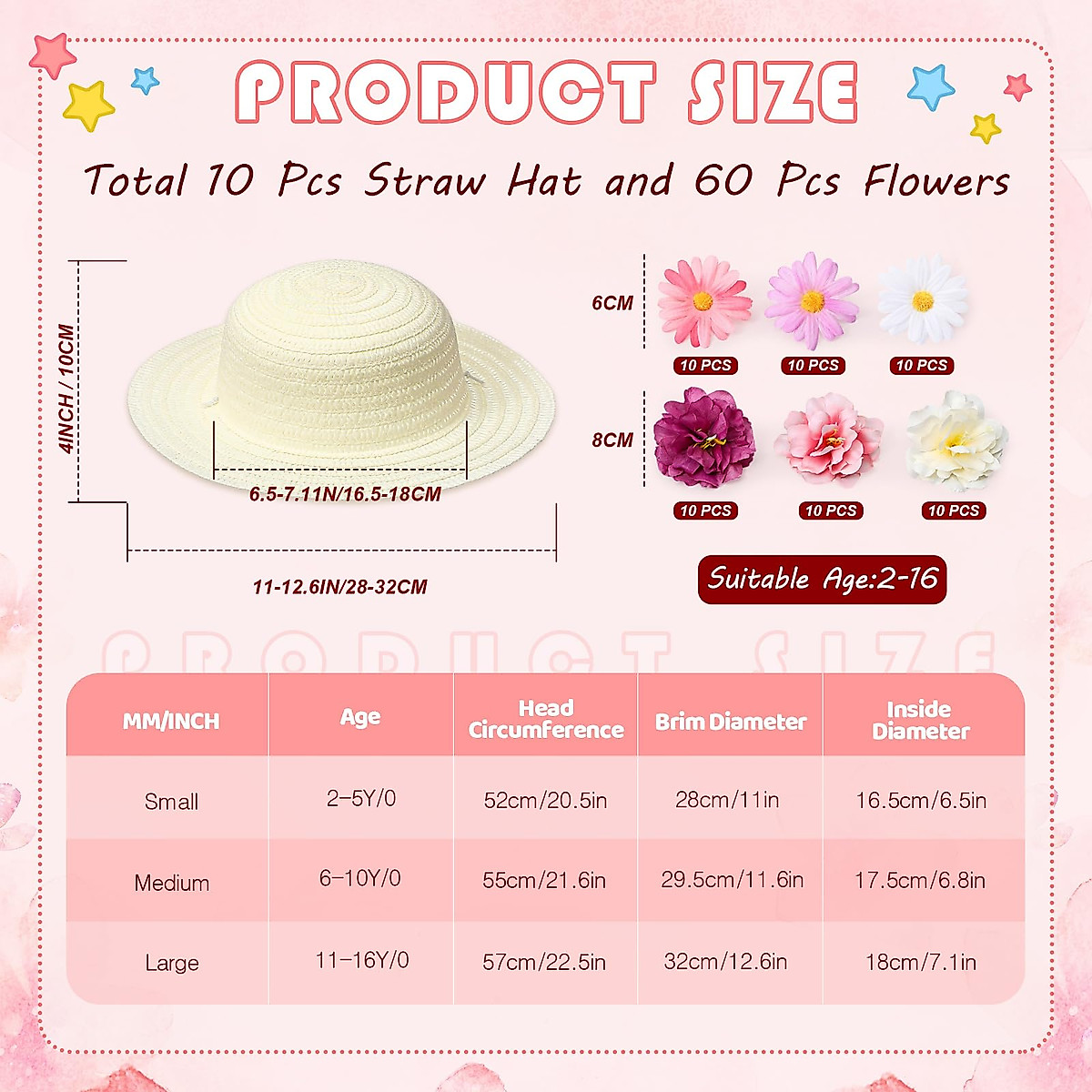 Mepase 70 Pcs DIY Straw Hat with Flower Girls Tea Party Straw Hat 10 Straw Hat 60 Airtificial Flower Cowboy Kids Dress Up Hat (Colorful,Small (Age 2-5))