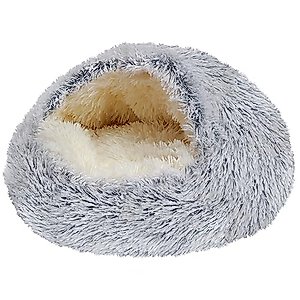 Deblue Soft Cat Beds for Indoor Cats, Round Fluffy Warm Cat Beds with Hooded Cover, Washable Calming Cozy Plush Pet Bed for Anxiety Cats and Puppies - Dia 18"