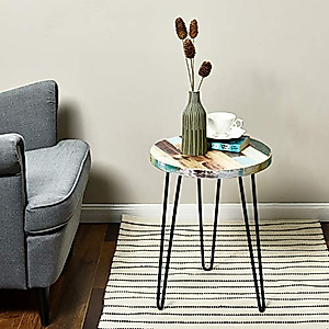 WELLAND Side Table Reclaimed Wood, Round Hairpin Leg End Table, Night Stand, Recycled Boat Wood, 20" Tall
