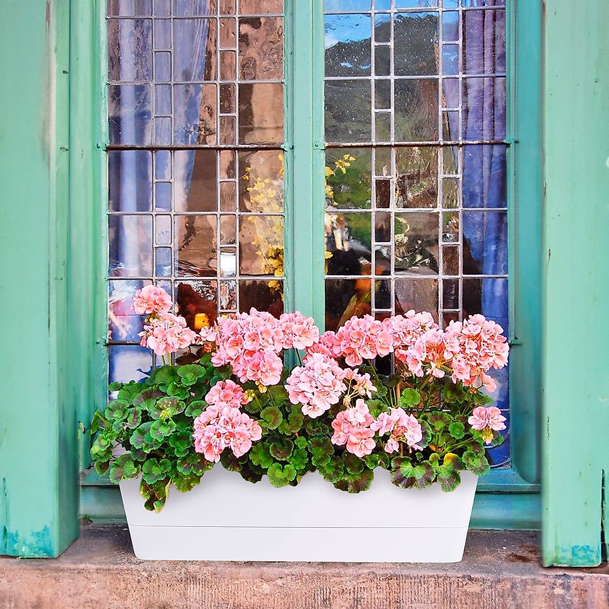 GREANER Flower Boxes, 3 Pack 12x3.8 Inch Rectangle Window Boxes, Herb Planters with Tray, Indoor Succulent Cactus Flowers Plastic Drawable Pot for Windowsill, Garden, Balcony, Office Outdoor (White)