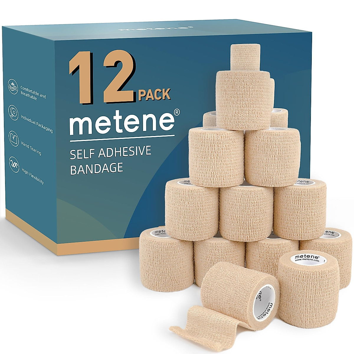 Metene Self Adhesive Bandage Wrap 12 Pack, Athletic Tape 2 Inches X 5 Yards, Sports Tape, Breathable, Waterproof, Elastic Bandage for Sports, Wrist and Ankle Wrap Tape, Non-Woven Bandage(Beige)