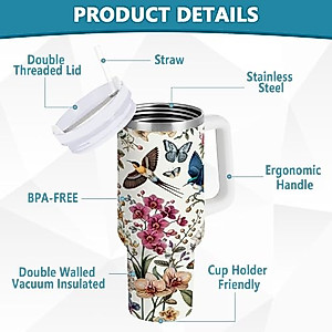 Maunzc 30 oz Tumbler with Handle and Straw, Insulated Stainless Steel Travel Mug with Lid for Coffee, Iced Tea, Water, Gift for Men Women (Botanical Textile Pattern)
