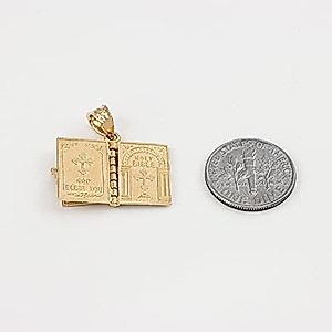 10K Yellow Gold 5/8" 3D Hinged Book with Pages Holy Bible with Lord’s Prayer Bottonee Cross Pendant Charm