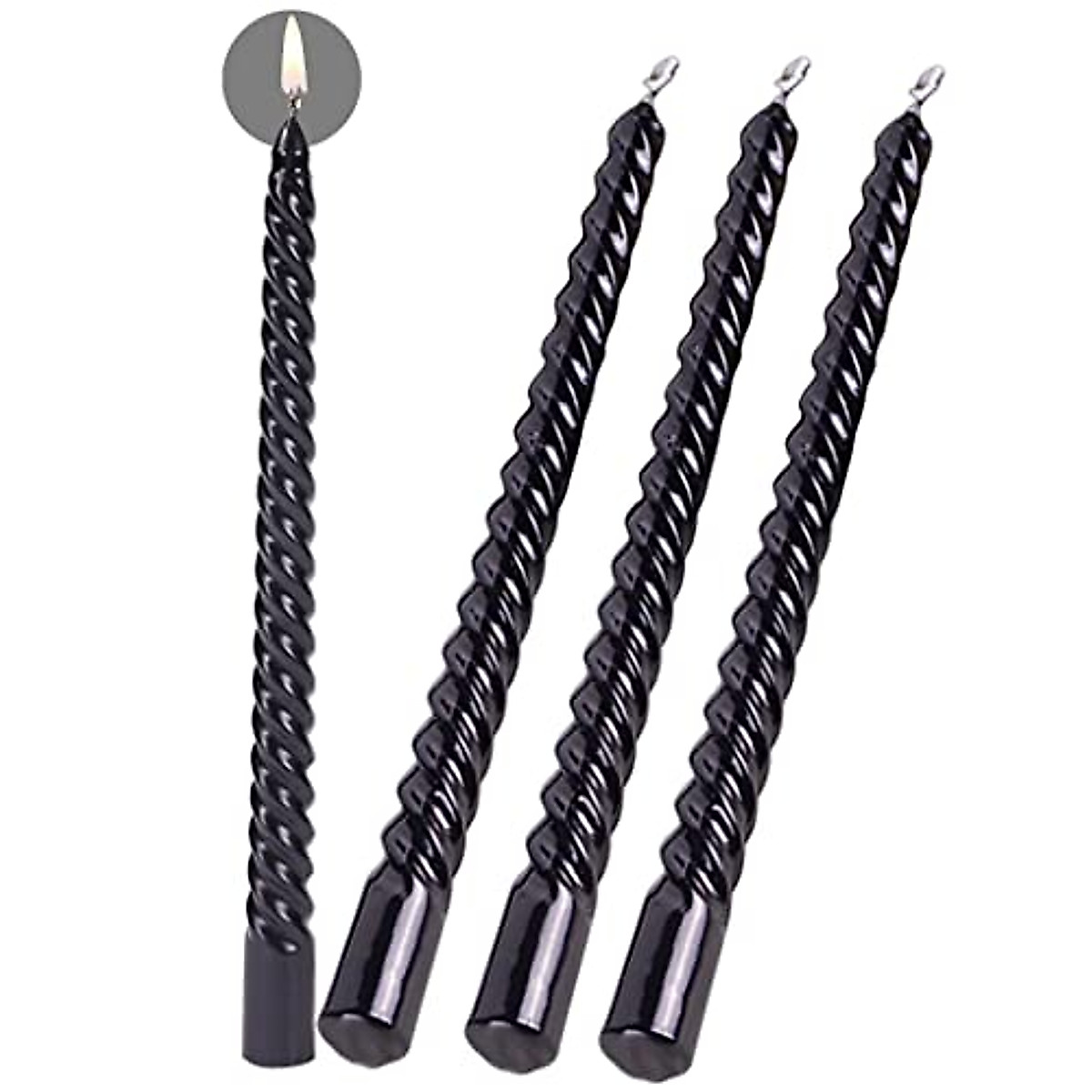 10 inch Spiral Black Taper Candles Set of 4,Elegant Glossy Metal Style Candle Sticks,Scenless,Dripless Taper Candles for Christmas Decor,Dinner,Party