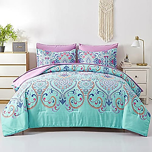DHSFKBE King Size Comforter Set, 7 Piece Bed in a Bag, Boho Aqua and Lilac Damask Medallion Print Comforter with Sheets, Soft Microfiber Complete Bedding Set for All Season (Aqua, King)