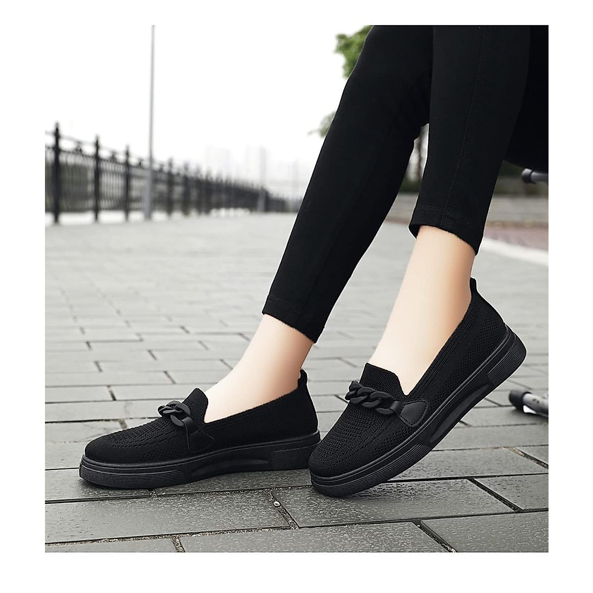 Fenlogft Womens Round Toe Wide Shoes Breathable Lightweight Loafers for Elderly Women Walking Nurse Work Flat Slip-On Shoes(G-Q809 Black,Size 6.5)