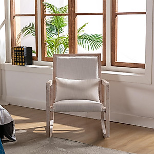 Ufyerutg Modern Accent Rocking Chair, Solid Wood Linen Fabric Antique White Wash Painting Rocking Chair with Removable Lumbar Pillow, Living Room Leisure Chair Arm Chair, Easy Assembly, Beige