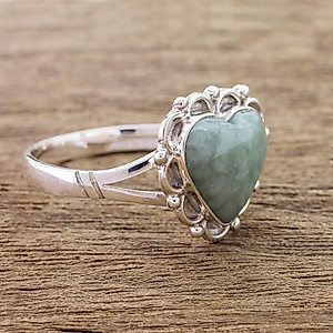 NOVICA Artisan Handcrafted Jade Heart Ring Hearts on Sterling Silver Green Cocktail Guatemala [crownbezel 0.6 in L x 0.6 in W x 0.2 in H Band Width 3 mm W] ' Zinnia Love'