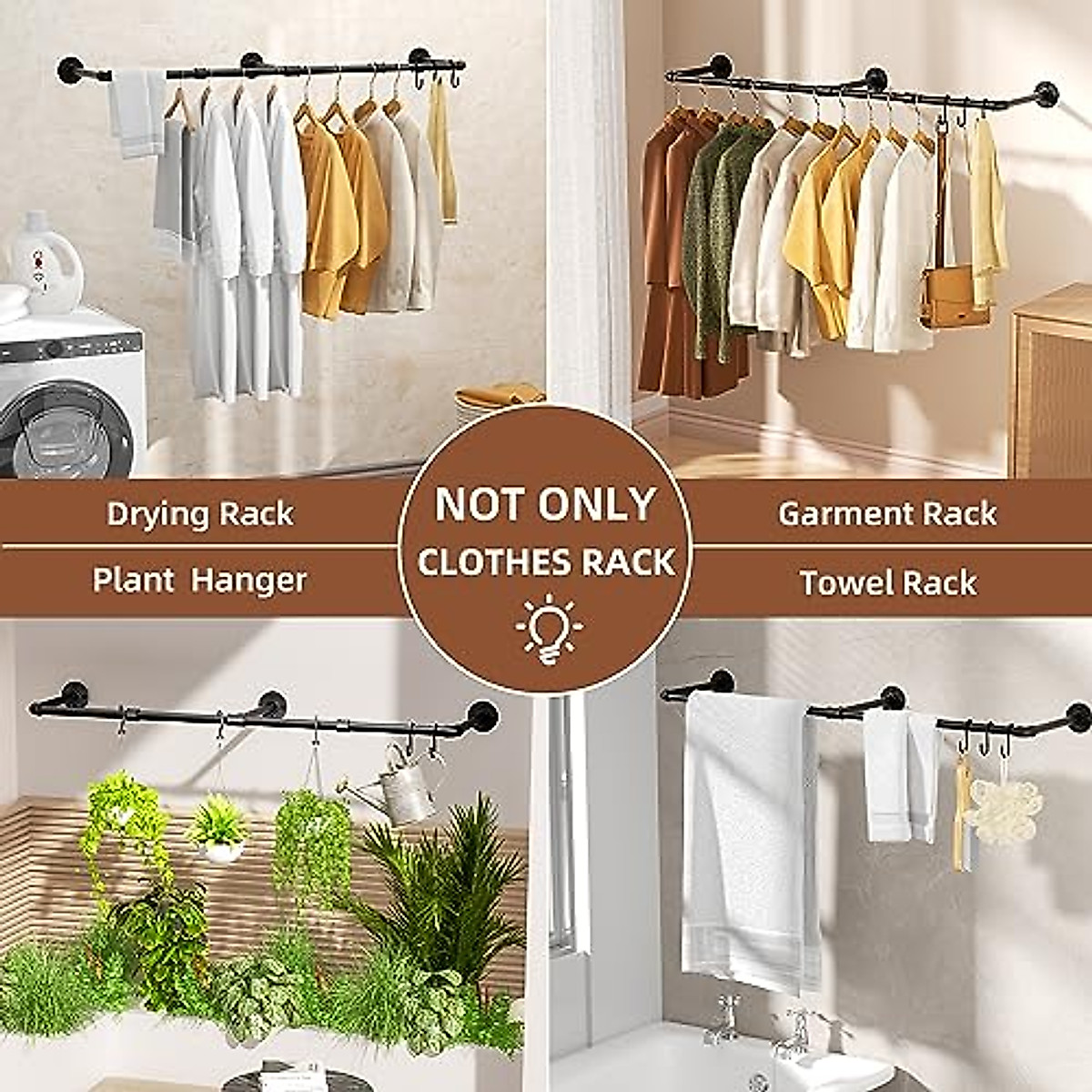 Vintage Clothes Rack, 48" Industrial Pipe Wall Mount Garment Rack, Space-Saving Heavy Duty Clothes Hanger for Closet Storage, 3 Bases, 1-Pack with 6 S-Hooks, Industrial Pipe Wall Mounted Closet Rod