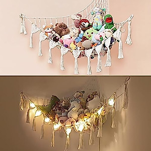 YUNII Toy Hammock for Stuffed Animal Storage,Large Capacity Bath Toy Organizers,Baby Toy Storage with Fairy Lights,Durable Cotton Net for Bedroom Kids Room,Play Room Boho Nursery Decor