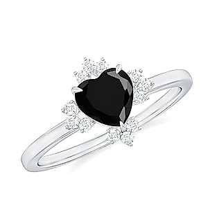 Certified Heart Shape Black Onyx Promise Ring with Diamond | AAA Quality | 6 MM Black Onyx | December Birthstone Ring, 14K White Gold, Size:US 6.00