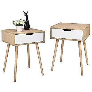 Bonnlo Wood&White Nightstands Set of 2 End Side Table with Spacious Drawer & Solid Wood Legs for Livingroom, Bedroom, Dorm